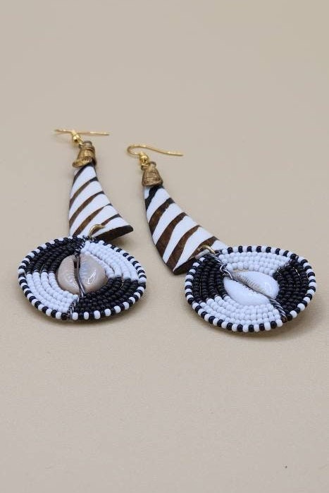 African Cowrie Shell Handmade With Bone Materials, Earrings With Brown ...