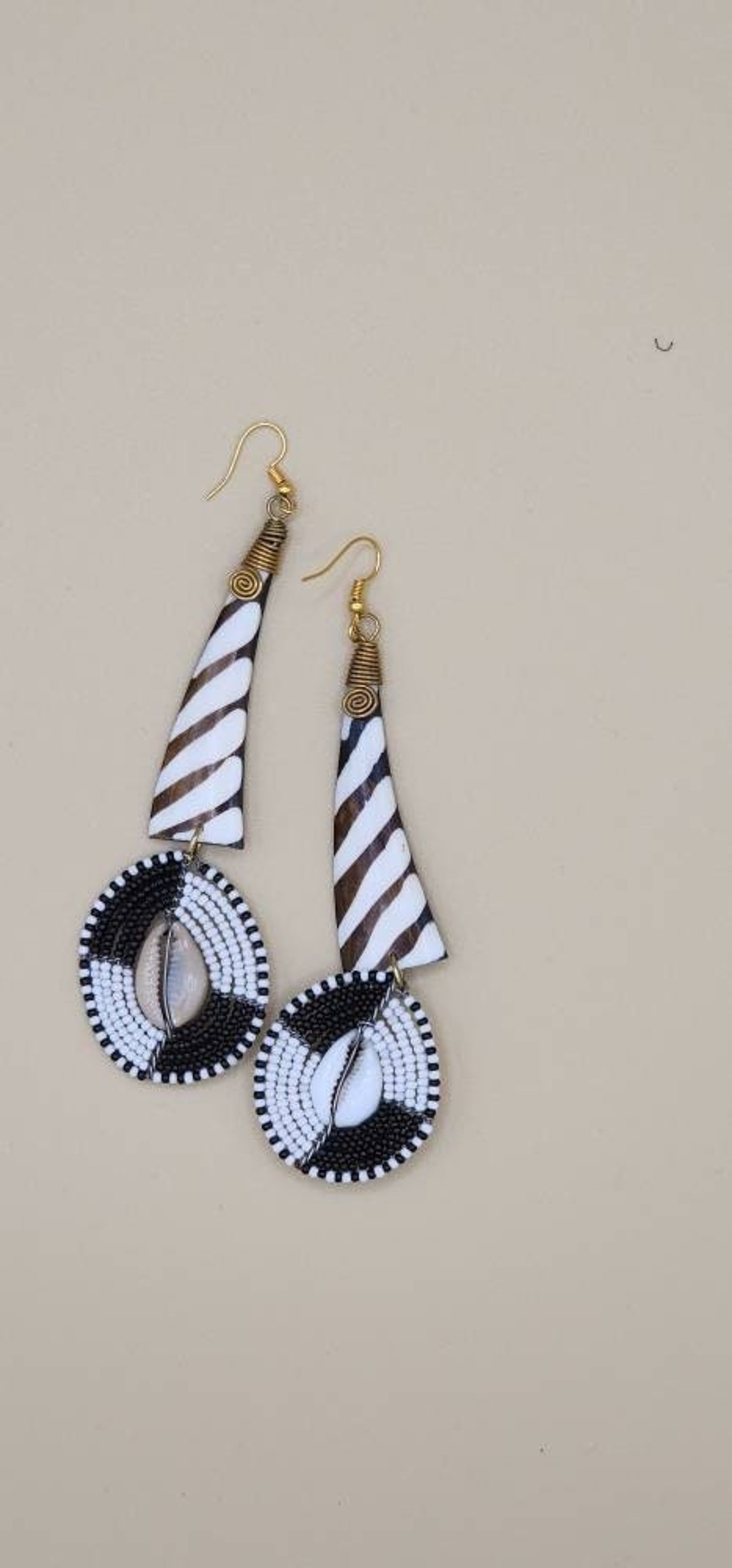 African Cowrie Shell Handmade With Bone Materials, Earrings With Brown ...
