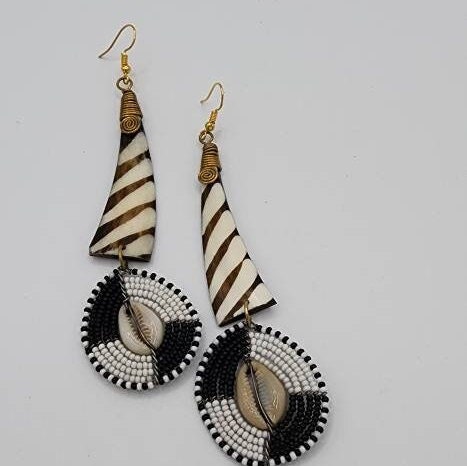 African Cowrie Shell Handmade With Bone Materials, Earrings With Brown ...
