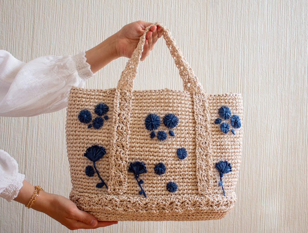 Blue Flower Pattern Bag, Straw Beach Bag, Flower Pattern Bridesmaid Bag ...