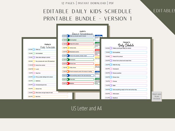 Printable Editable Daily Schedule Bundle Version 1 Kids - Etsy