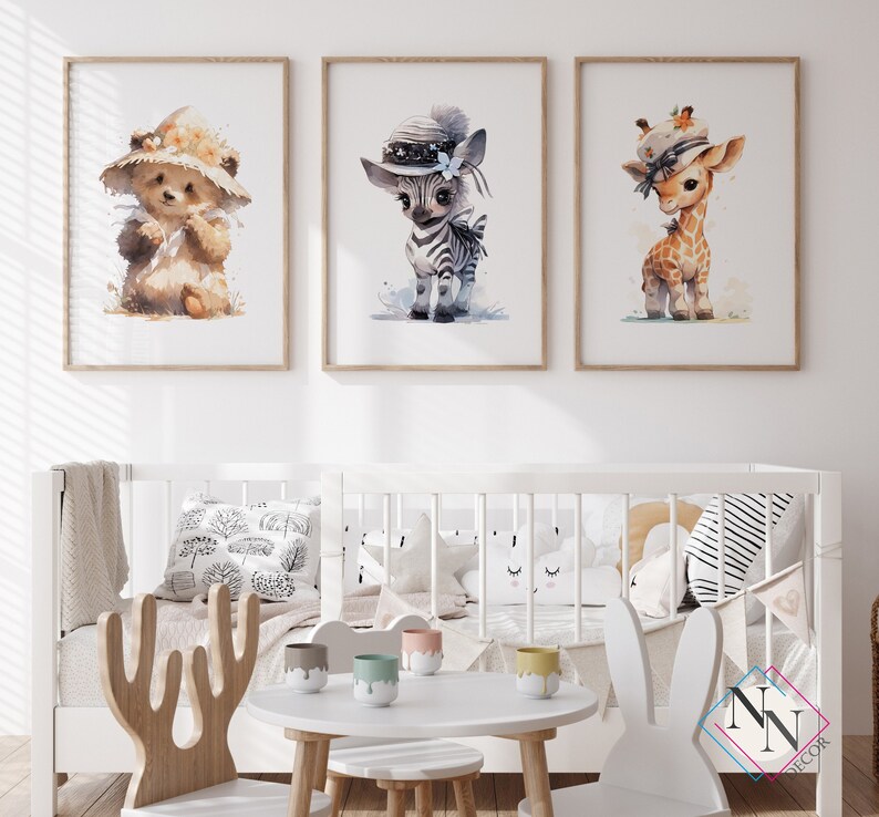 Watercolor Animals Nursery Wall Art | Natural Wood Frames | Set of 3 ...