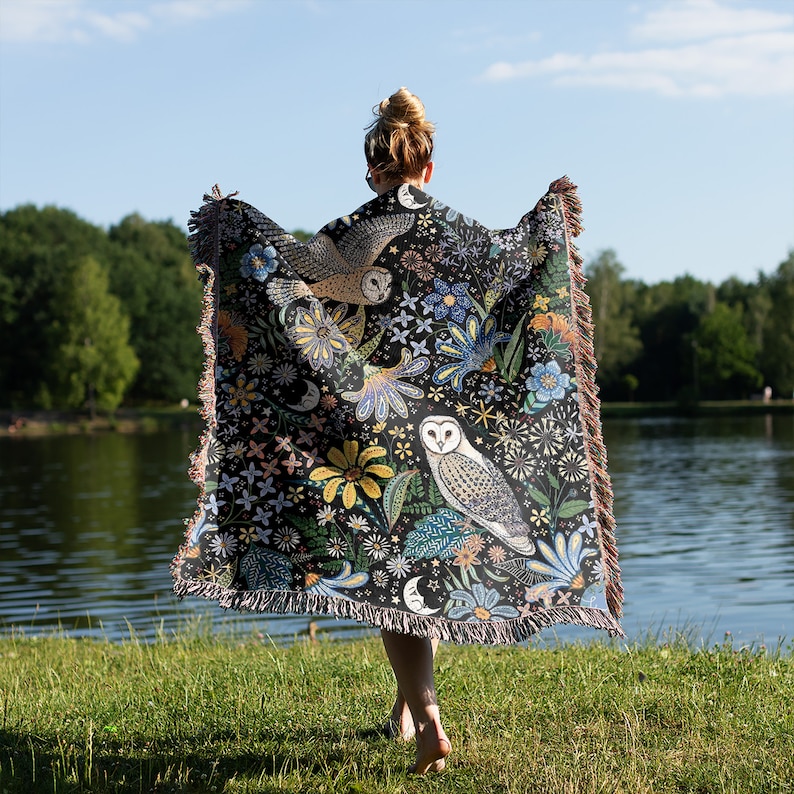Boho Owl Woven Throw Blanket: Retro Floral Jacquard Tapestry - Etsy
