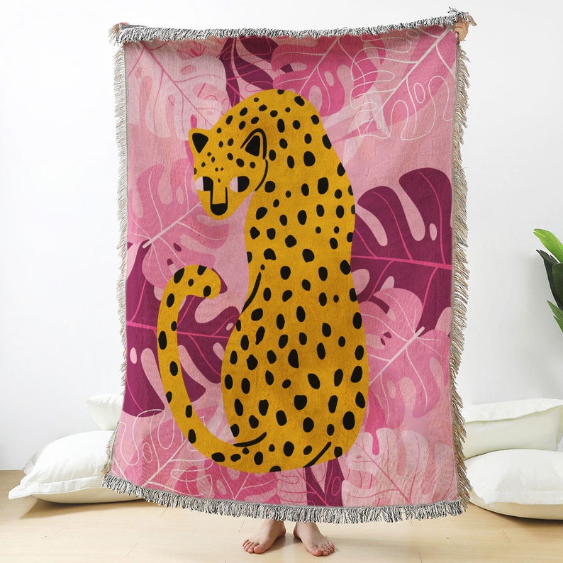 Tropical Cheetah Leaves Woven Throw Pink Leopard Throw Sofa - Etsy