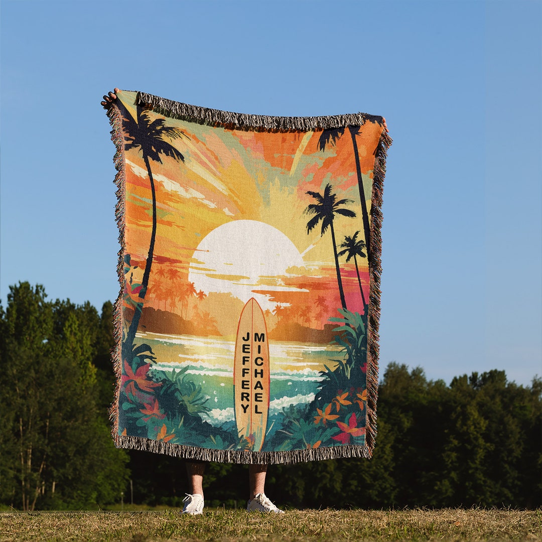 Beach Sunset Woven Blanket｜customized Name Throw Blanket｜bohemian Beach ...