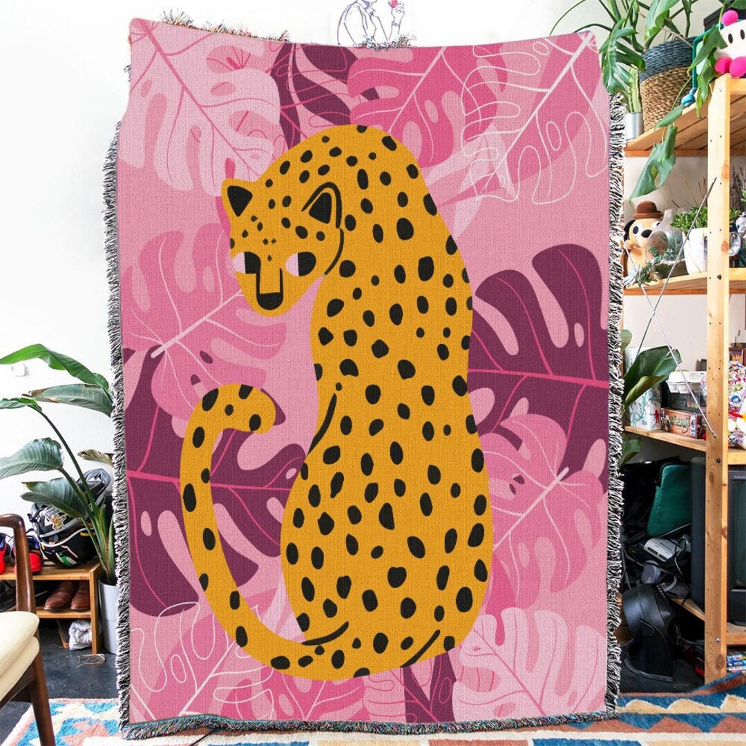 Tropical Cheetah Leaves Woven Throw, Pink Leopard Throw, Sofa Cotton ...