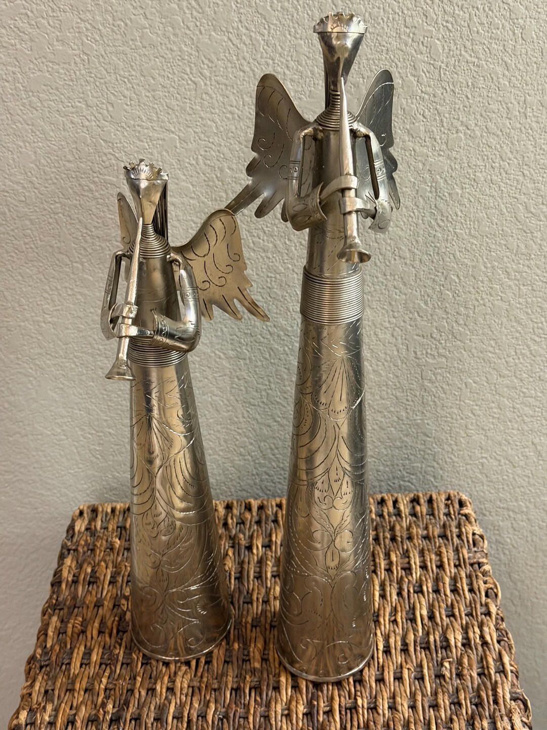 Luxury Tall Metal Angel Sculptures Pair 20x 16” | Pewter Trumpet Angels ...