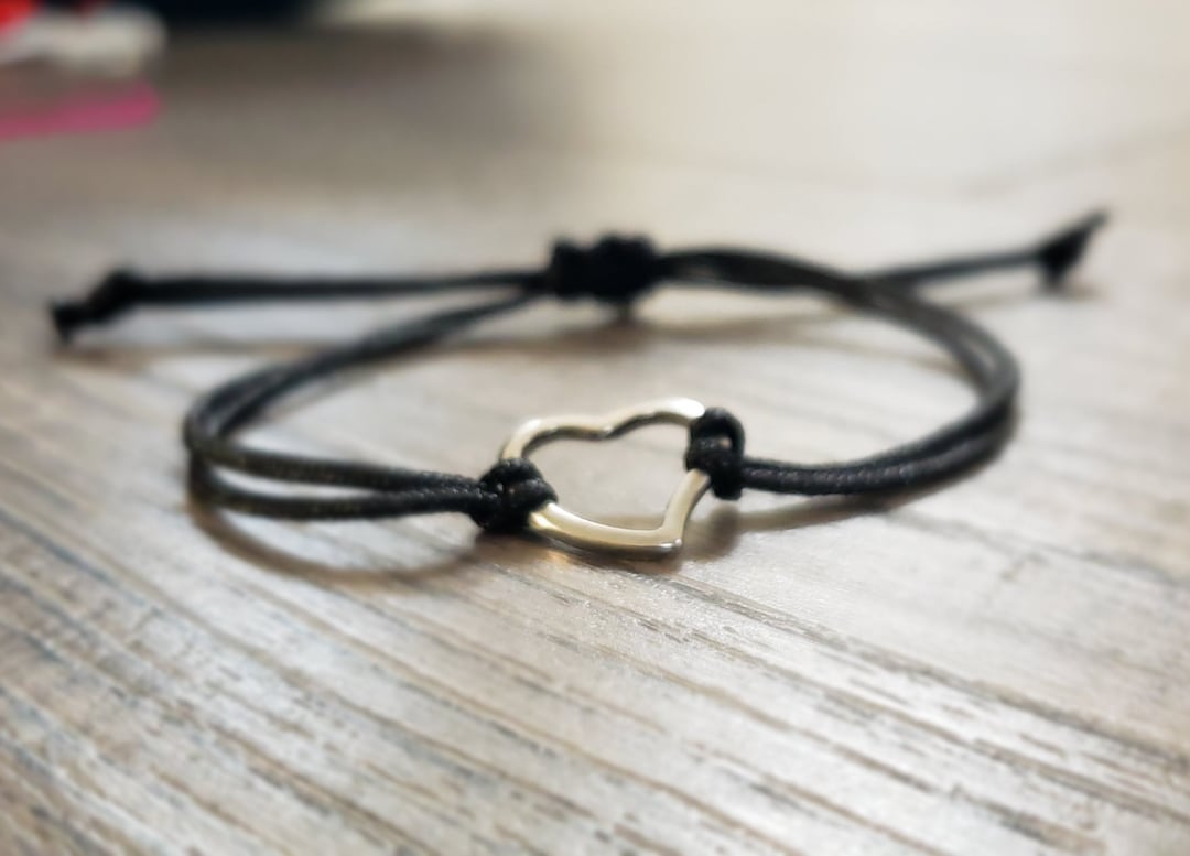Simple Heart Bracelet With Black String, Heart Couple Bracelet, Gift ...