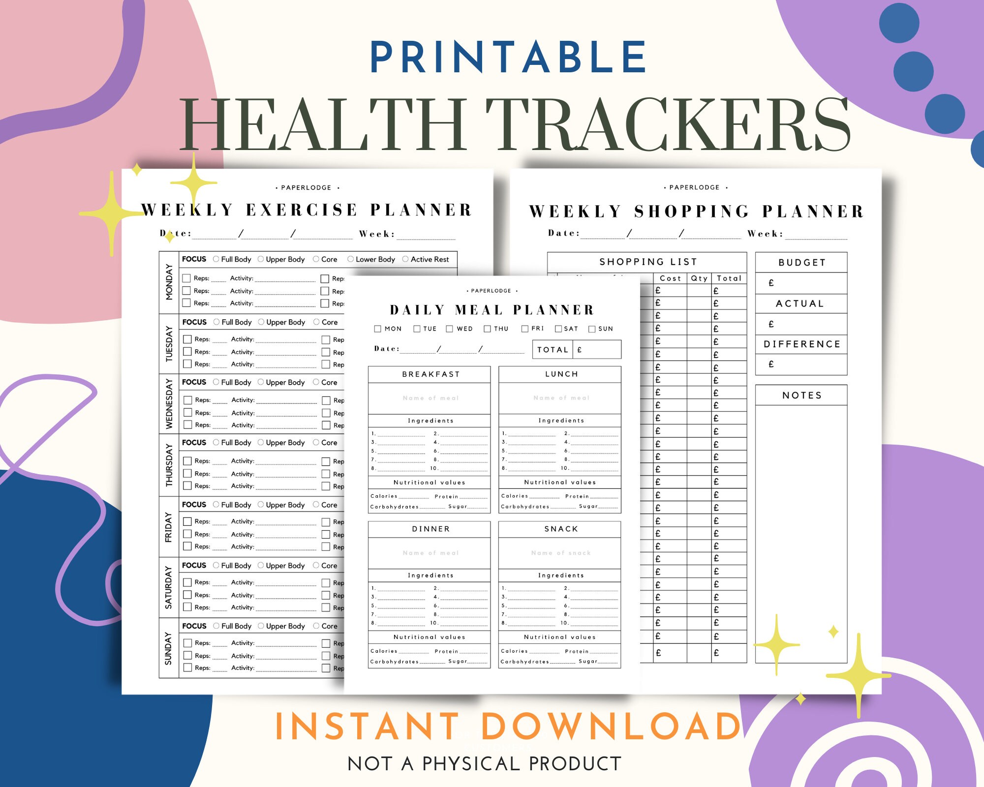 Health Tracker Printable Set Workout Log, Workout Plan, Meal Planner ...