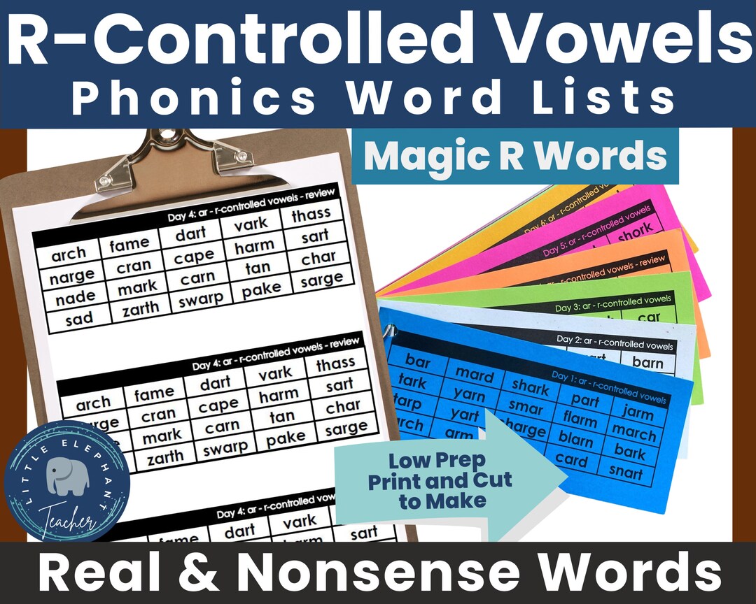 R Controlled Vowels Words Phonics Printable Cards Phonics Word Lists Real and Nonsense Words for ...