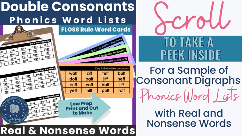 Phonics Printable Cards Floss Rule Double Consonants Phonics Word Lists ...