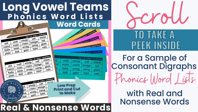 Long Vowel Words Vowel Teams - Phonics Printable Cards - Phonics Word ...