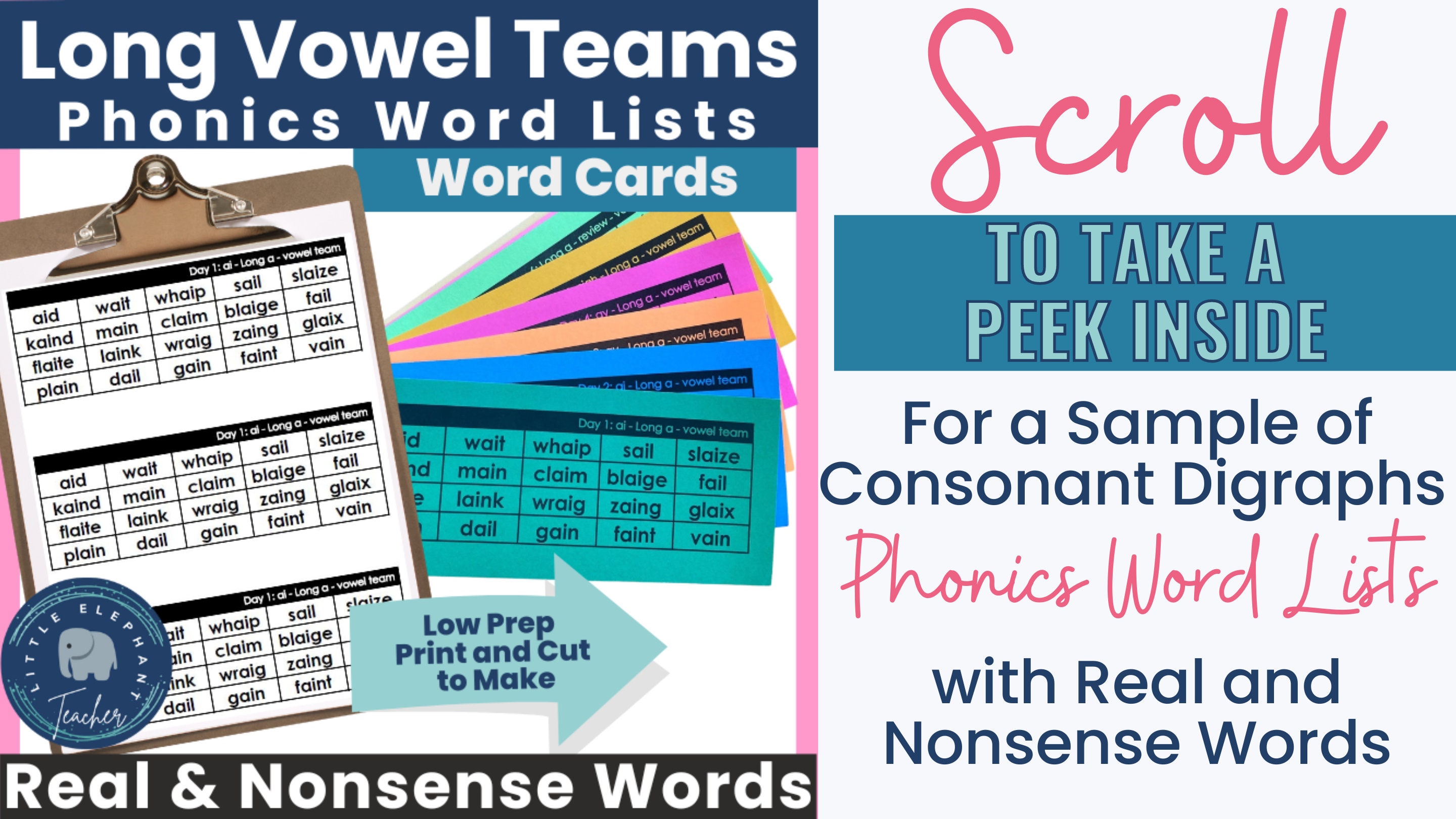 Long Vowel Words Vowel Teams - Phonics Printable Cards - Phonics Word ...