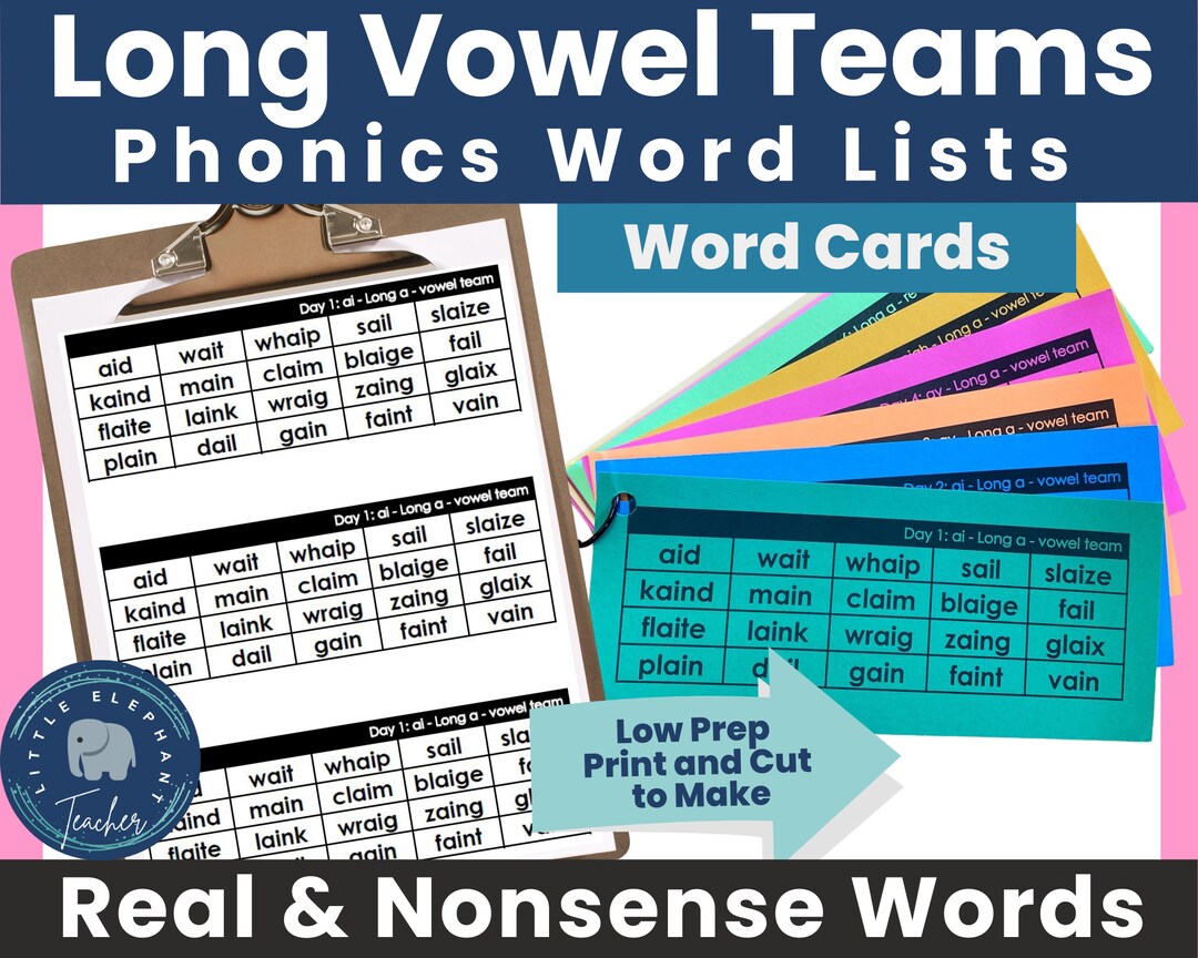 Long Vowel Words Vowel Teams - Phonics Printable Cards - Phonics Word ...