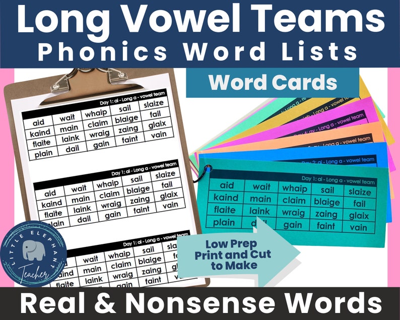 Long Vowel Words Vowel Teams - Phonics Printable Cards - Phonics Word ...