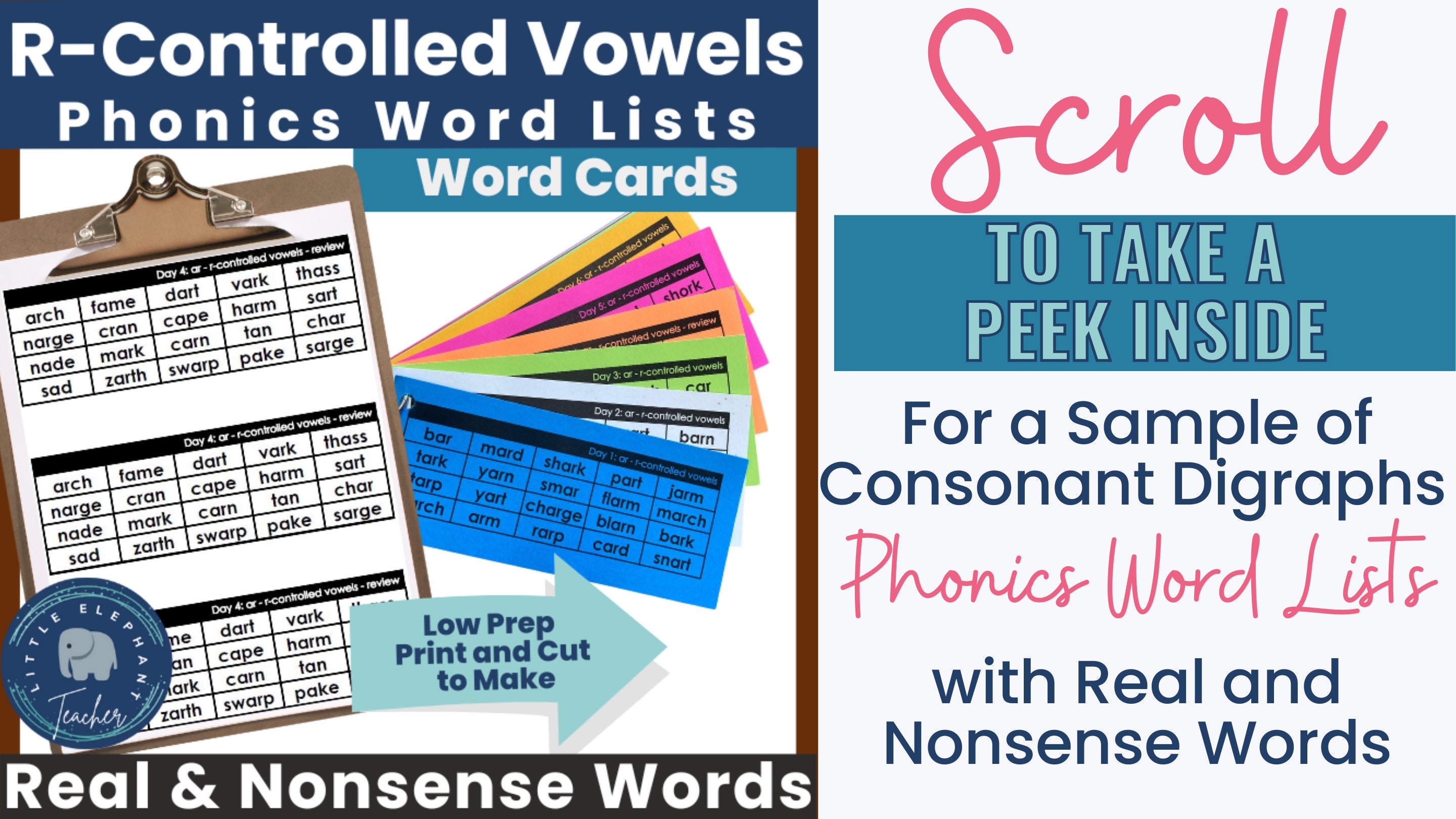 R Controlled Vowels Words Phonics Printable Cards Phonics Word Lists Real and Nonsense Words for ...