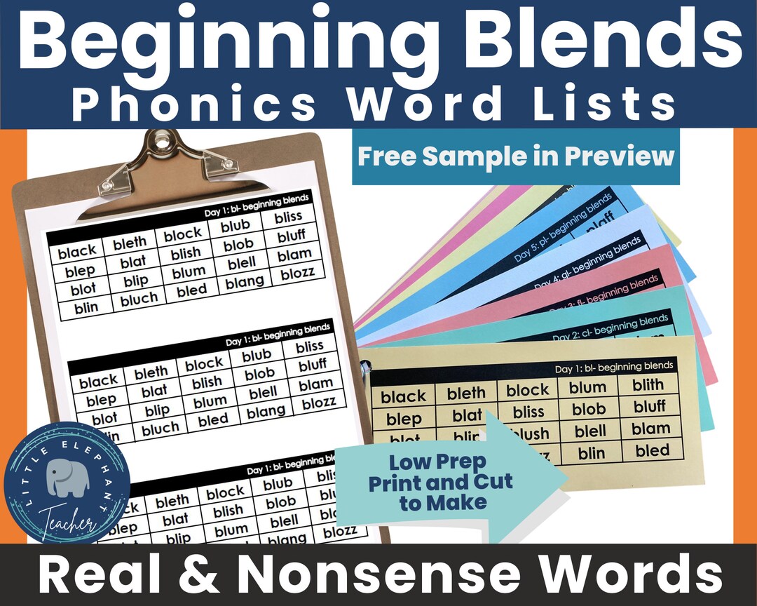Beginning Blend Word Lists - Phonics Printable Cards - Phonics Word ...
