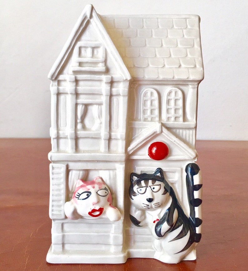 Hand Painted Ceramic Victorian House Cat Coin Bank Figural Cat Bank by ...