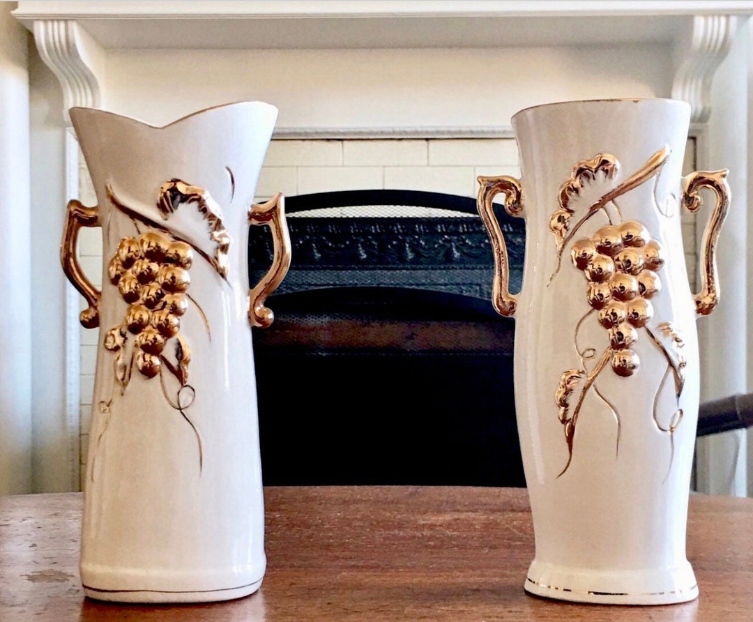 Mid Century Ceramic Mantle Vases Set of 2 Grapevine Design Gold Vases ...