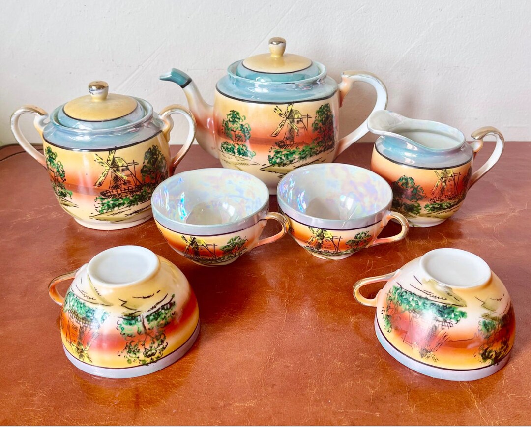 Japanese Hand Painted Porcelain Lusterware Tea Set 9 Piece 1930’s Blue ...