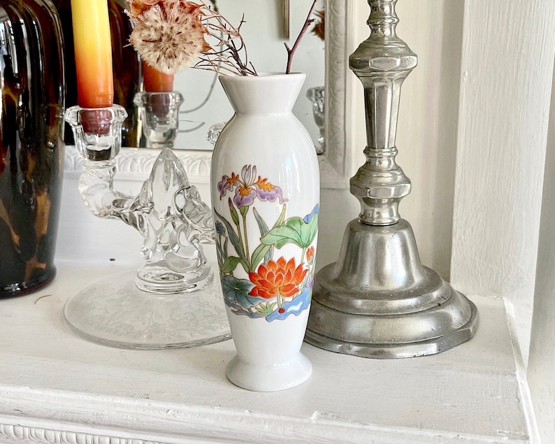 Japanese Takahashi Porcelain Vase 1980 Floral Bud Vase Lotus and Iris ...