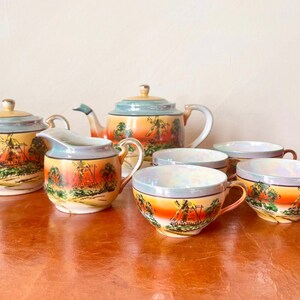 Japanese Hand Painted Porcelain Lusterware Tea Set 9 Piece 1930’s Blue ...