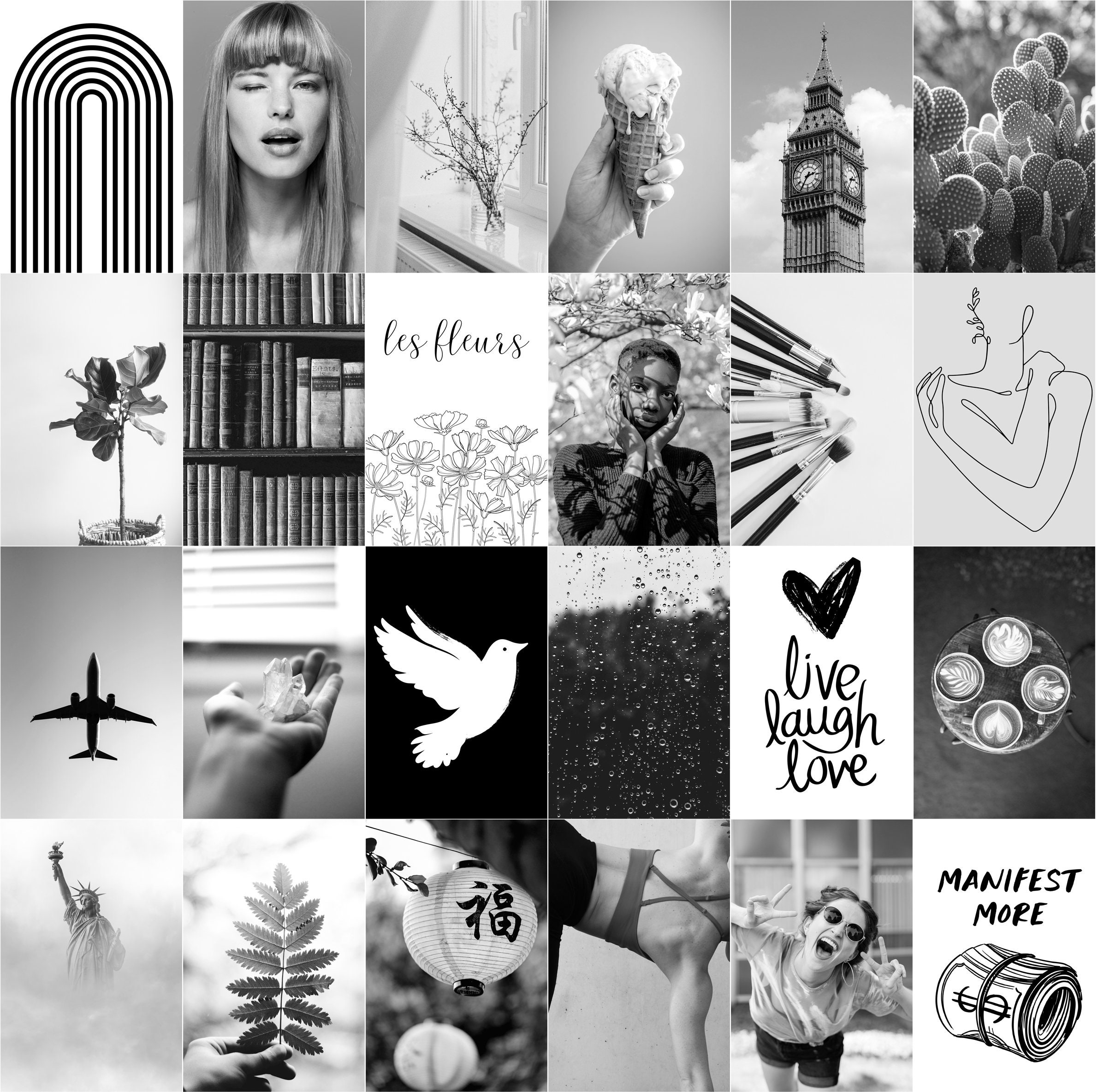 125pcs Black and White Wall Collage Set Boho Aesthetic, B&W Photo ...