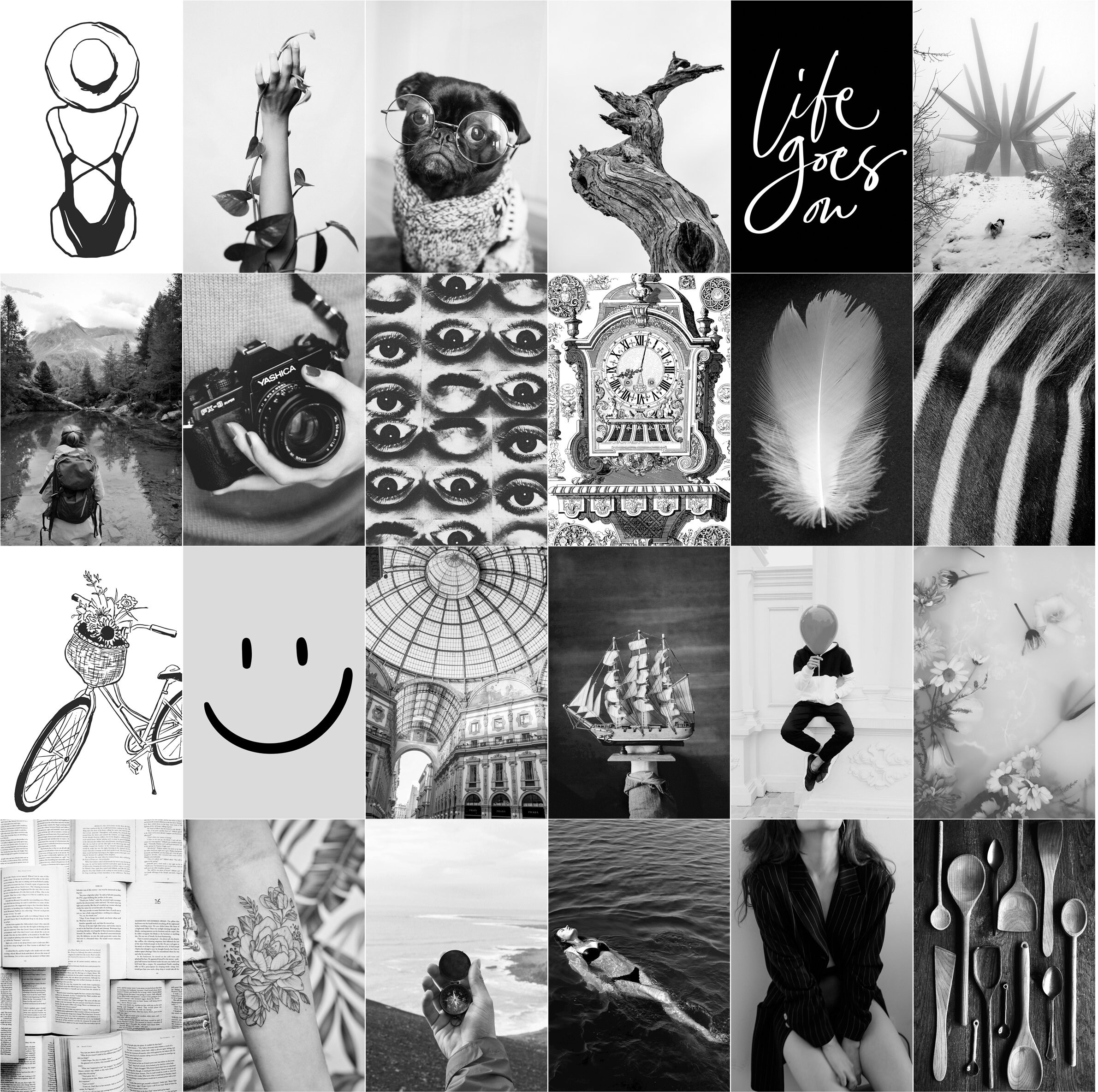 125pcs Black and White Wall Collage Set Boho Aesthetic, B&W Photo ...