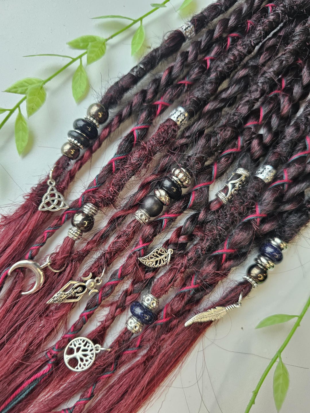 Short Black & Red Gothic Dreadlock Extensions, Mixed Crystals, Charms ...