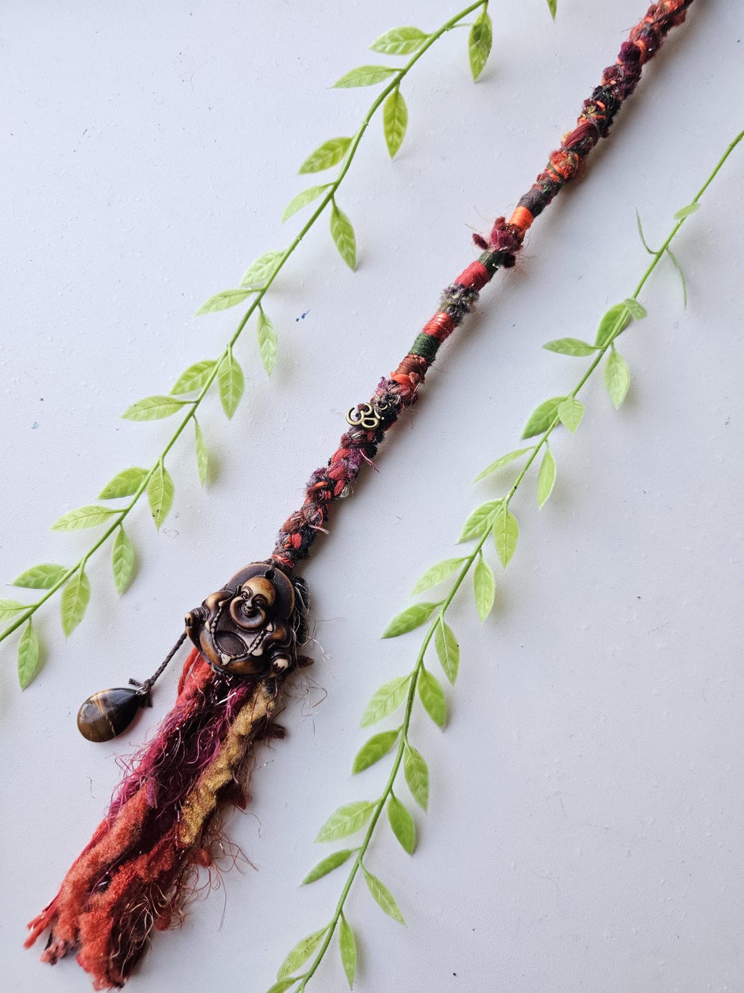 Tigers Eye & Wooden Carved Buddha Hair Wrap Extension With Om and ...