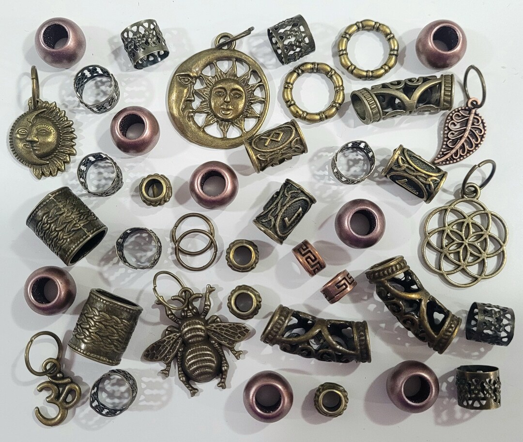 40 Bronze Dread Bead Pack, With Beads, Cuffs and Charms. Dreadlock and ...