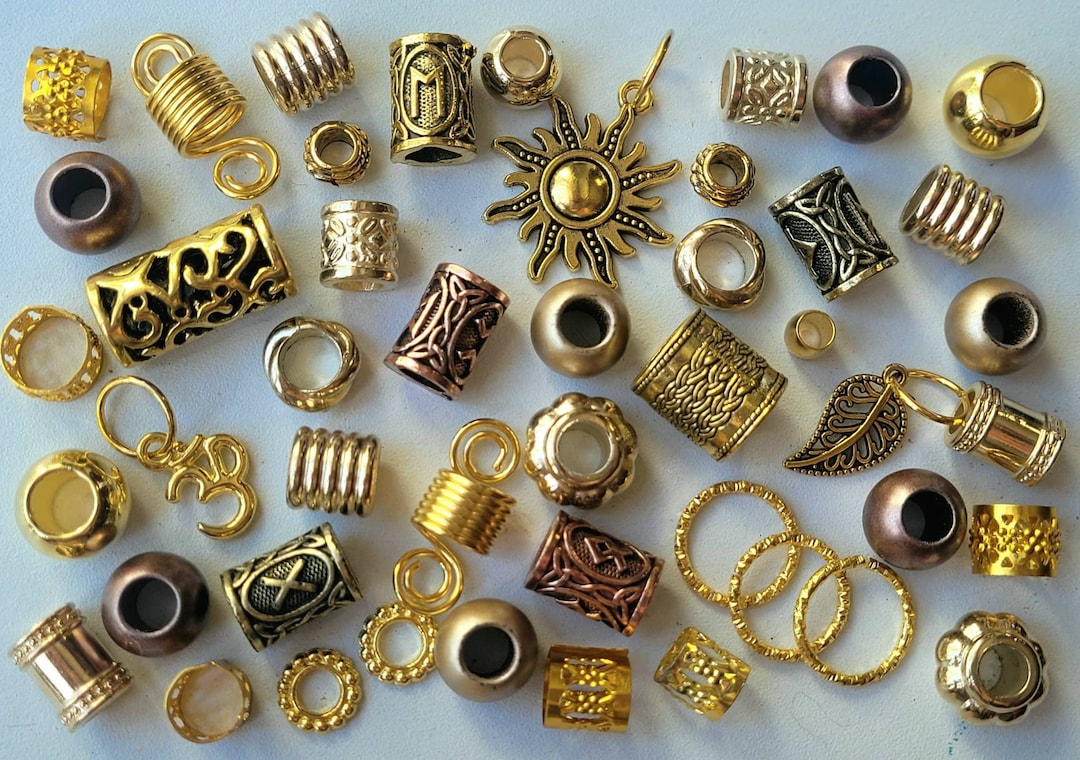 Golden Dreadlock 45 Bead Pack With Runes, Leaf & Om Pendant and Mixed ...