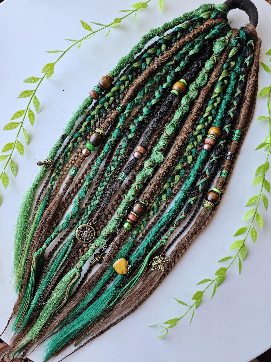 24 20-22inch Dreadlock Pony Tail. Long Green & Brown Dread Extensions ...