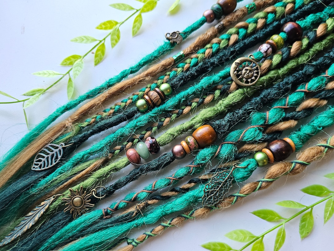 Long Green & Brown Long Dread Extensions. Crystals, Cuffs, Beads ...
