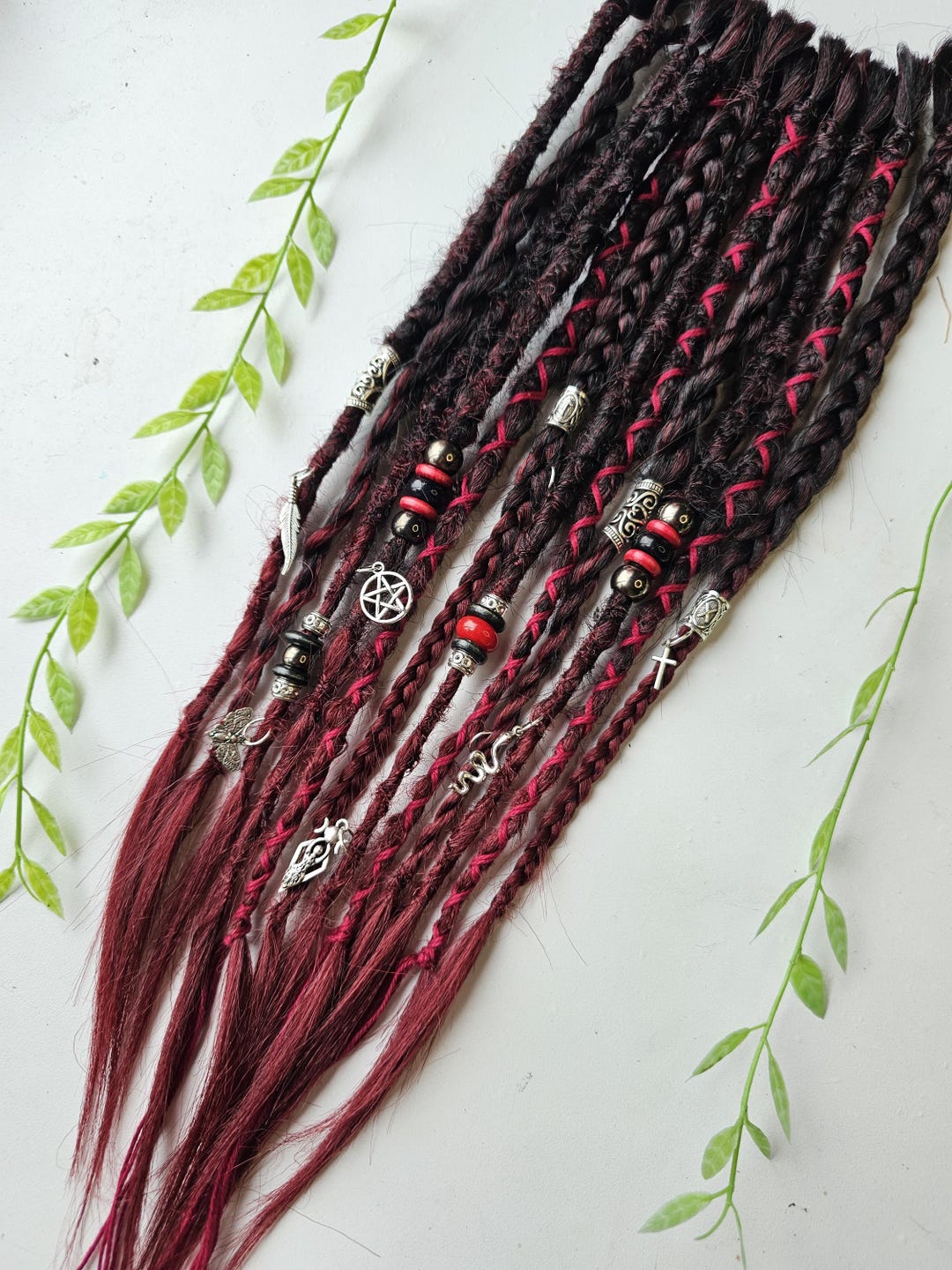 Mid Length Black & Red Gothic Dreadlock Extensions With Crystals ( 12 × ...
