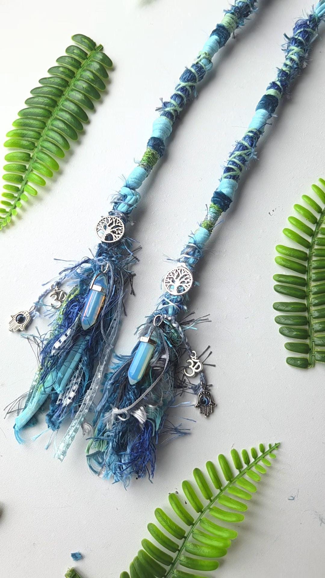Teal, Blue & Opalite Crystal Hair Wraps With Om, Hamsa, Tree of Life ...