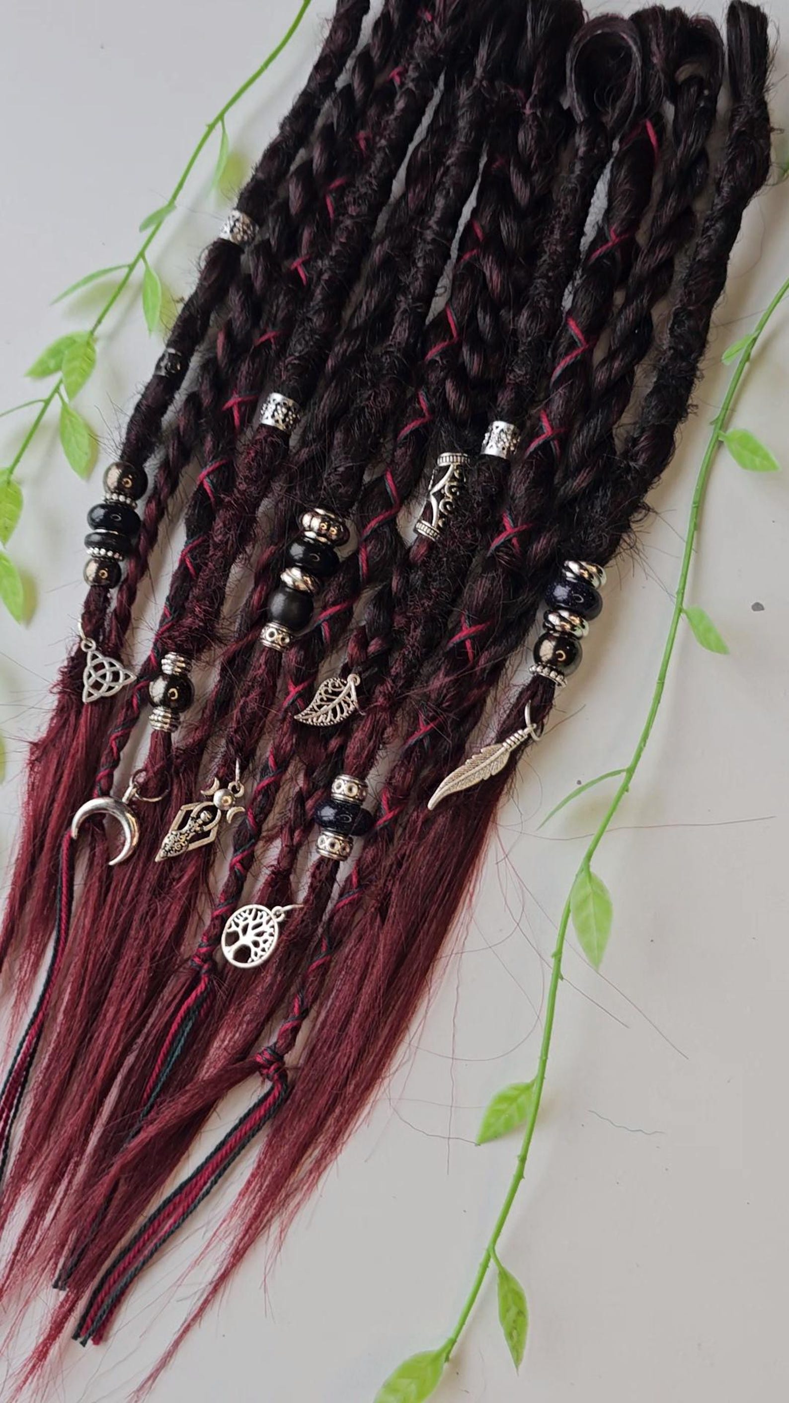 Short Black & Red Gothic Dreadlock Extensions, Mixed Crystals, Charms ...