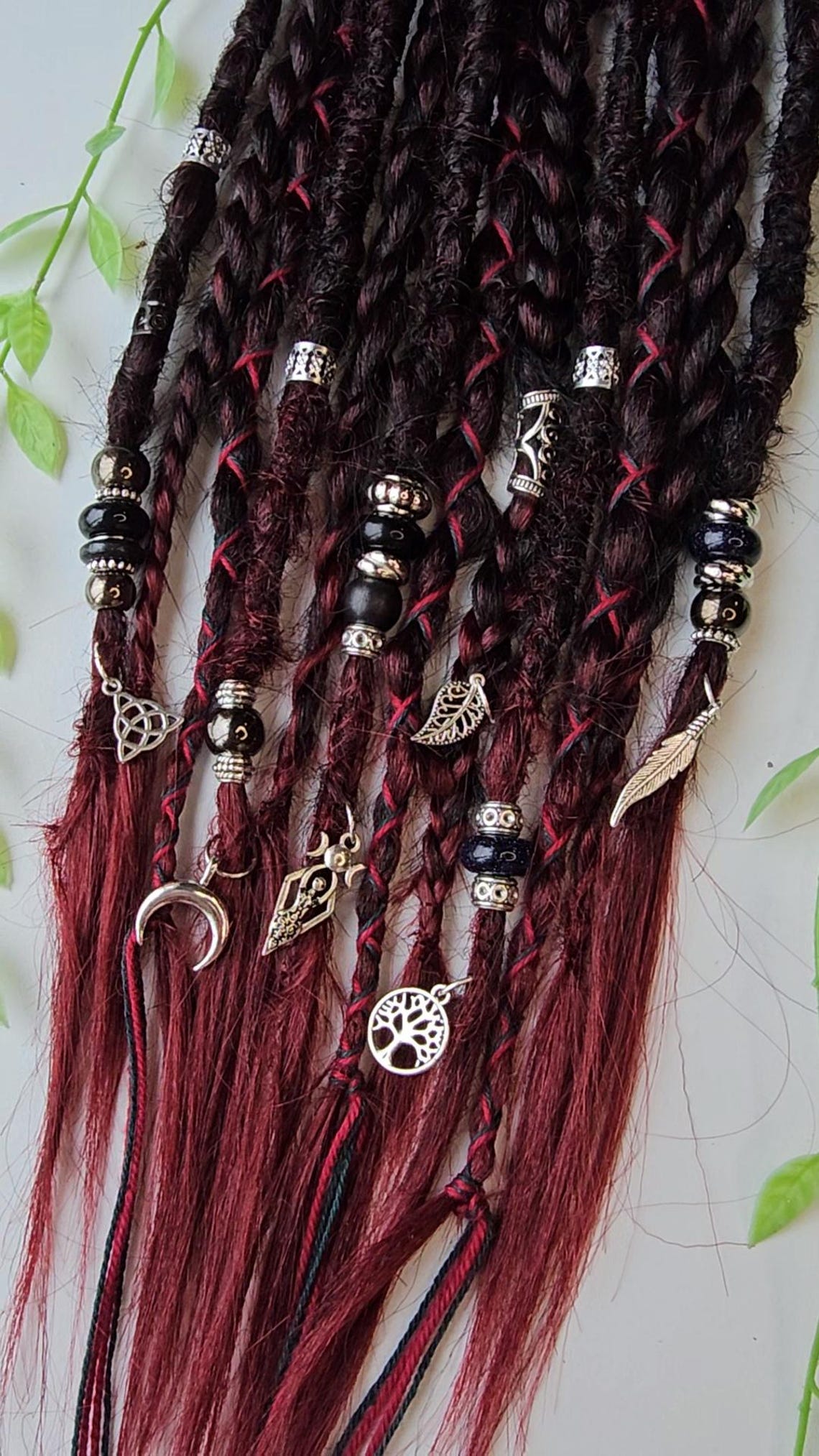 Short Black & Red Gothic Dreadlock Extensions, Mixed Crystals, Charms ...
