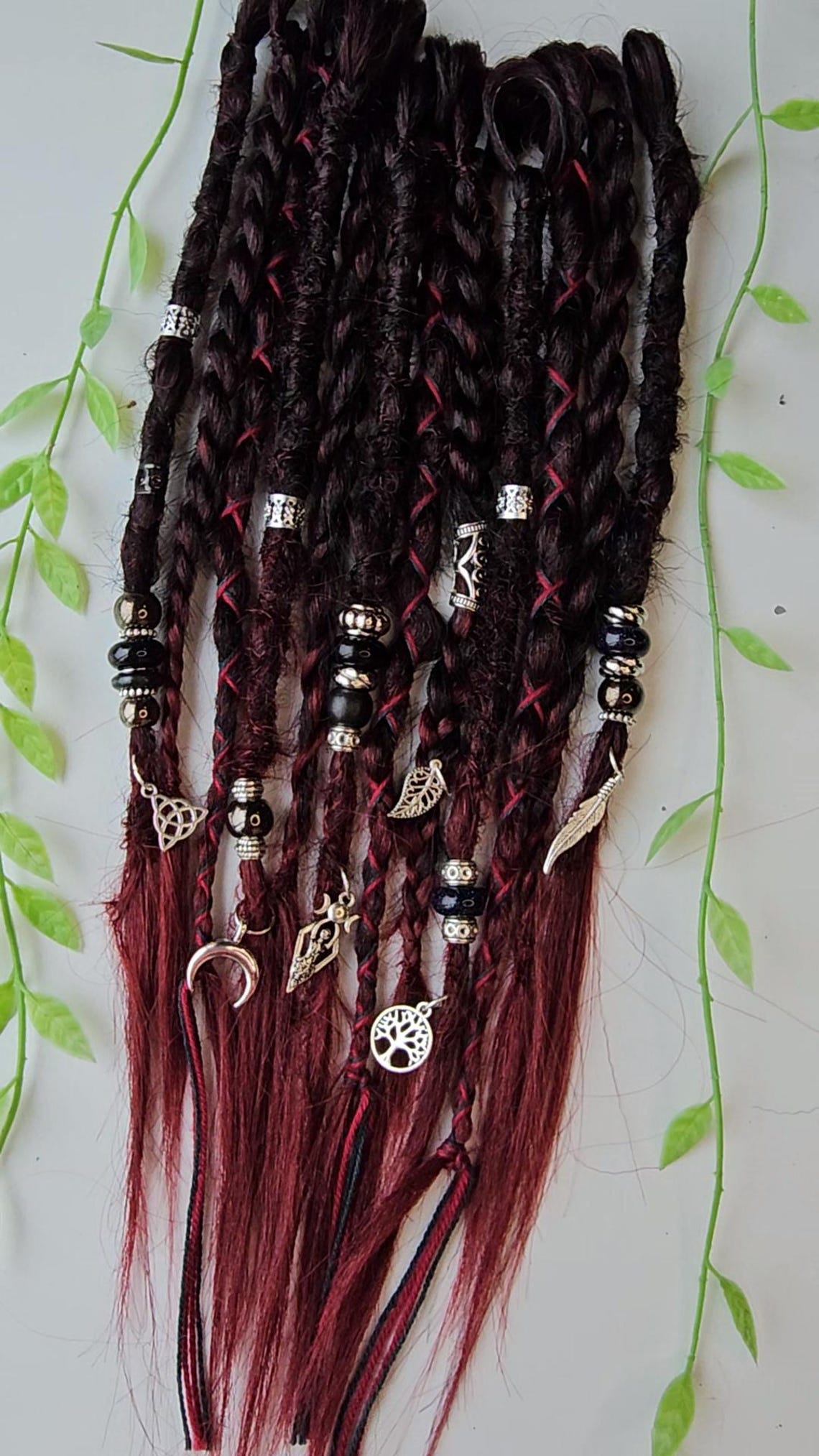 Short Black & Red Gothic Dreadlock Extensions, Mixed Crystals, Charms ...