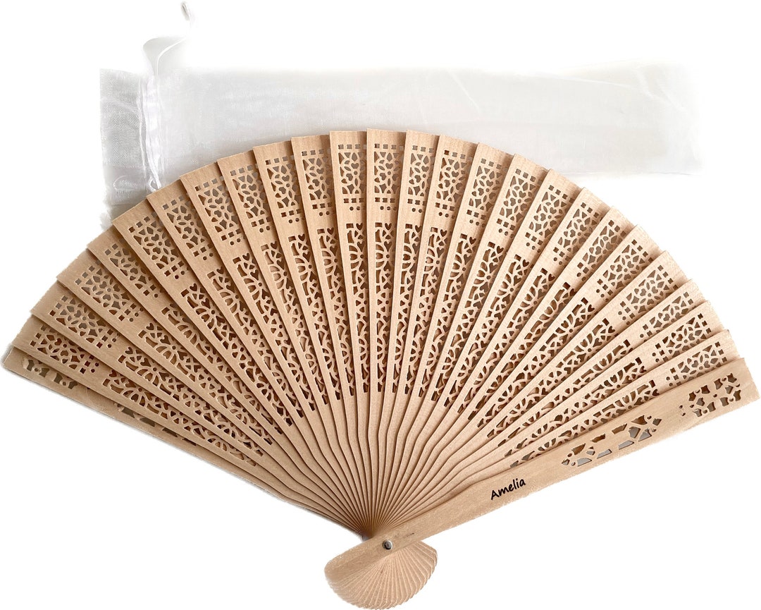 Personalised Sandalwood Wood Wedding Fan With Organza Bag, Custom ...