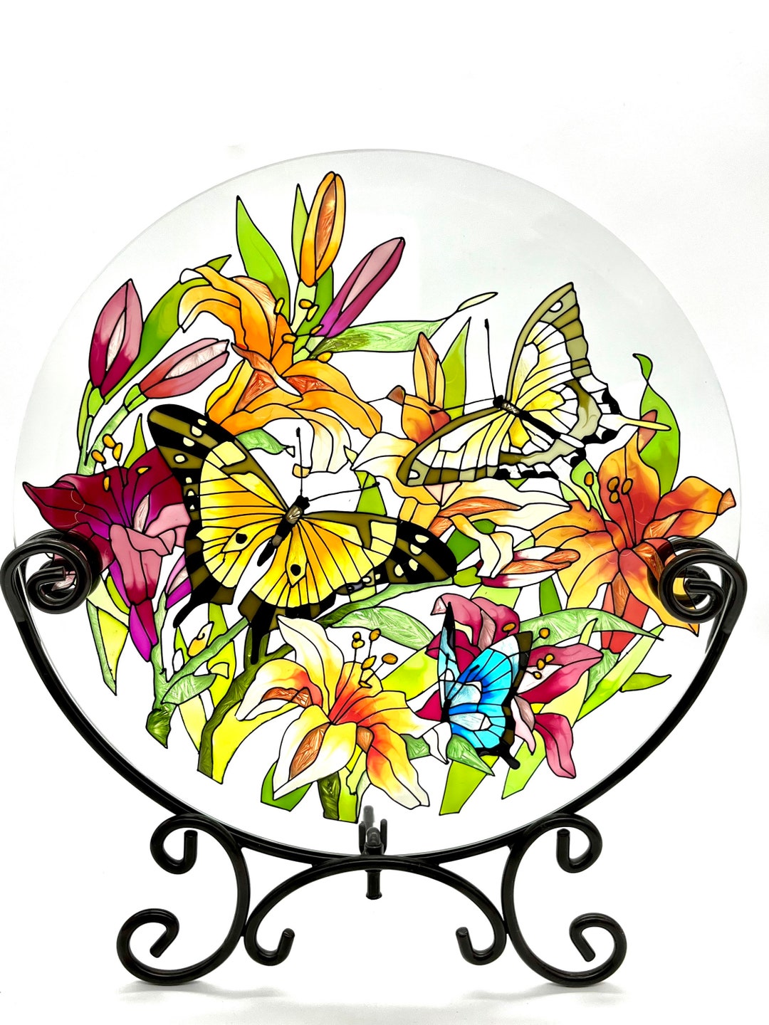 Hand Painted Art Glass Stained Glass Butterflies Tiger Stargazer ...
