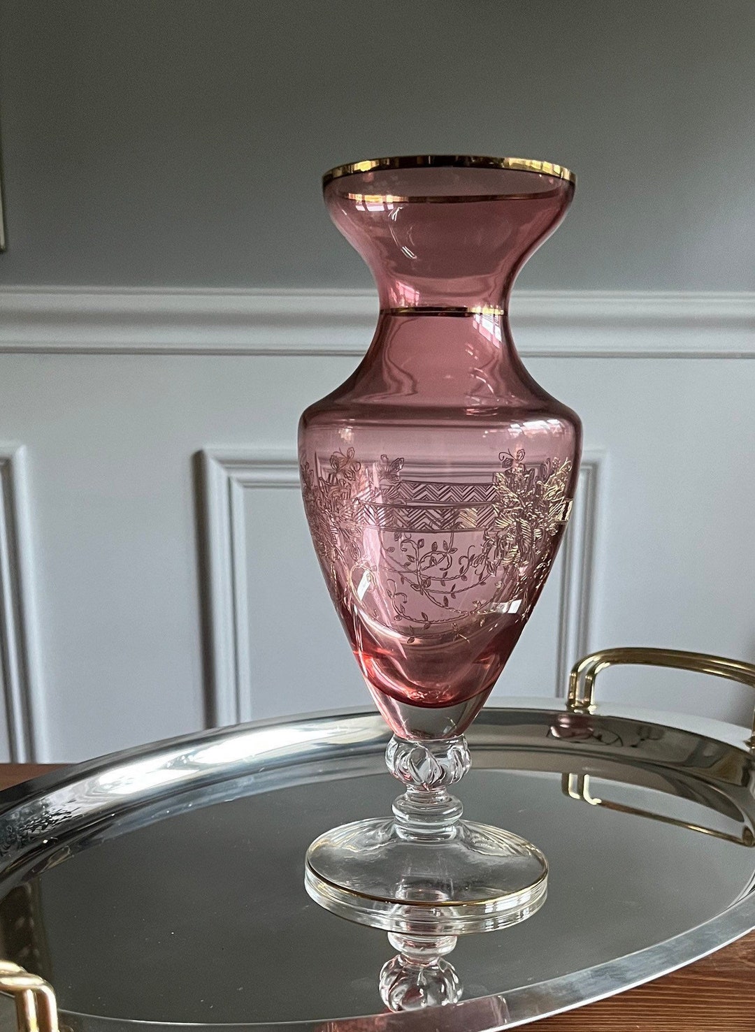 Vintage Cranberry Coloured Glass Footed Pedestal Vase With Hand ...
