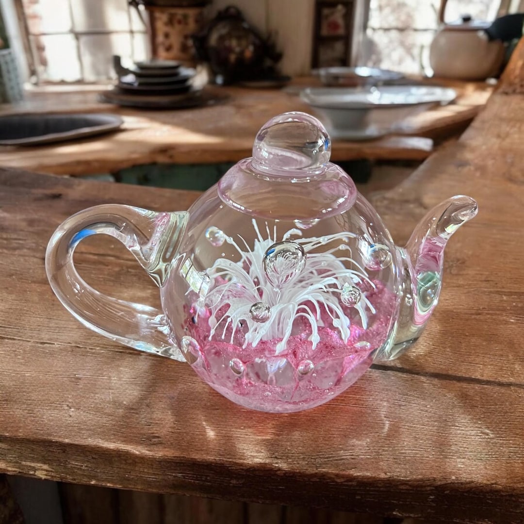 Art Glass Teapot Paperweight White and Pink Tea Todler Accessory Gift ...