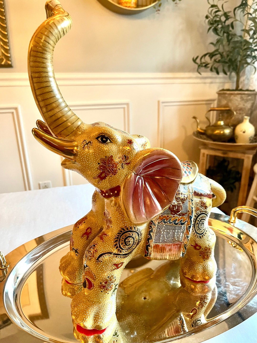 Exquisite 15 Inch Tall Rich Golden Elephant Handpainted Swirl Floral ...