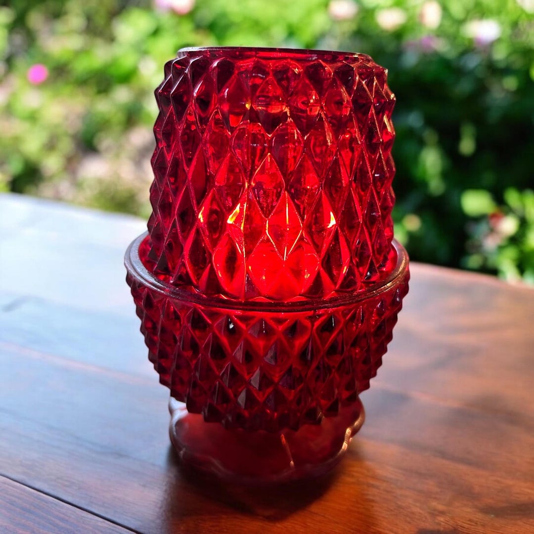 Vtg Ruby Red Amberina Diamond Cut Glass Fairy Lamp MCM Decorative ...