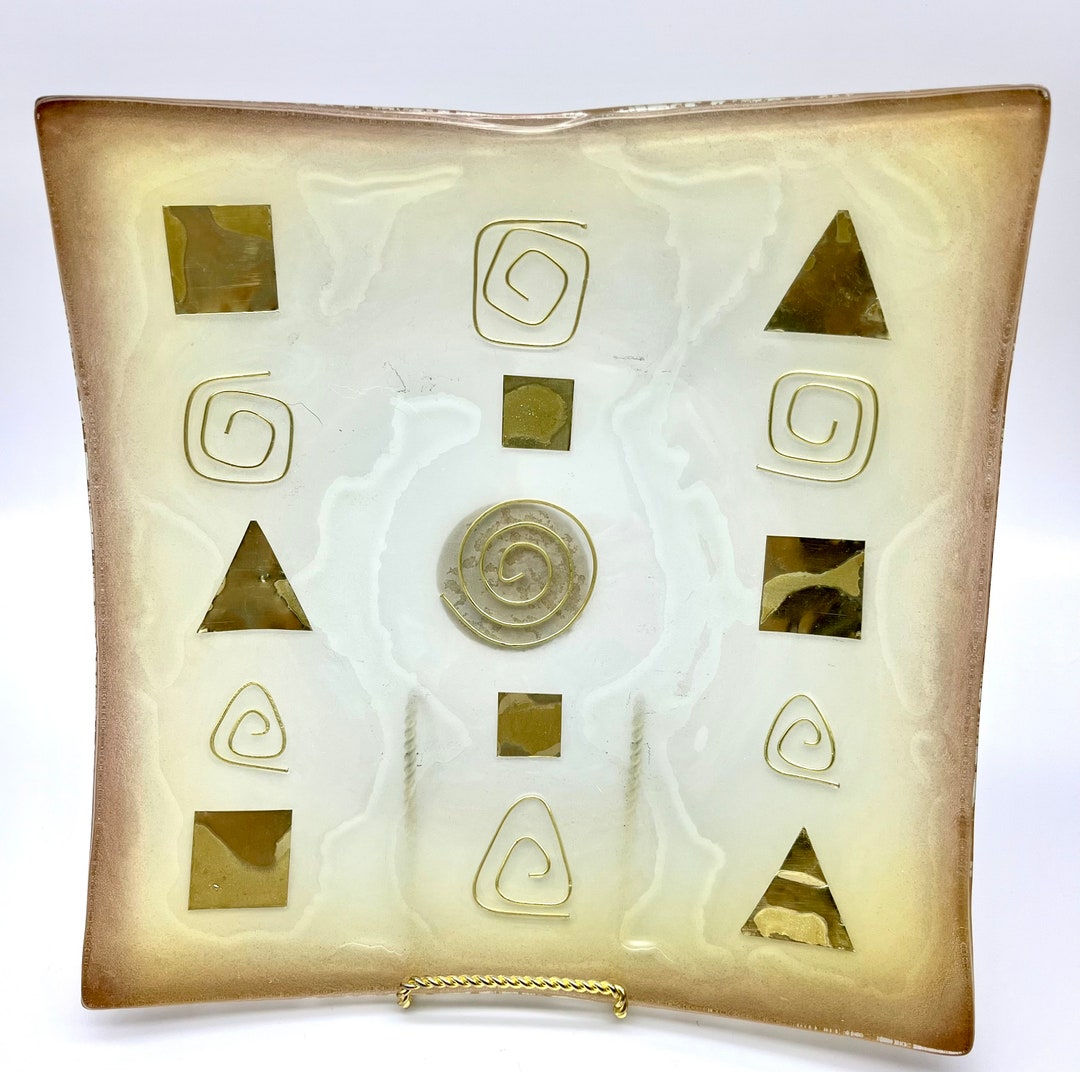 Geometric Metal Infused Golden Ombre Art Glass Square Decorative Plate ...