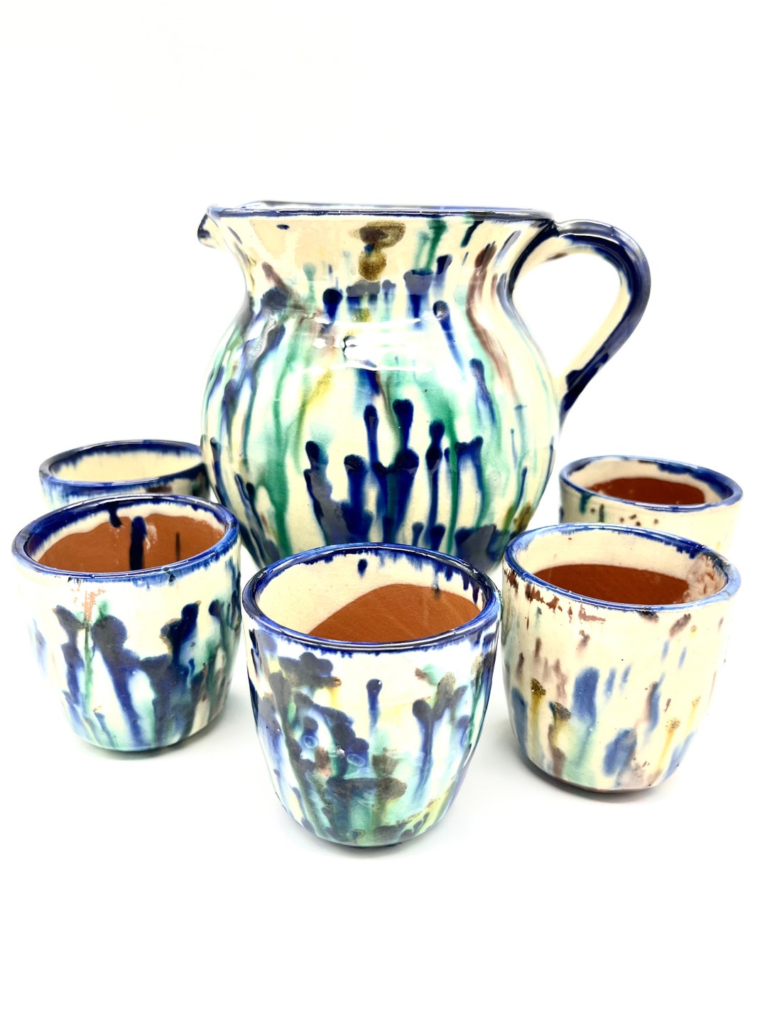Vintage High Fire Hand Thrown Blue Green Pottery Drip Glaze Pitcher Jug ...