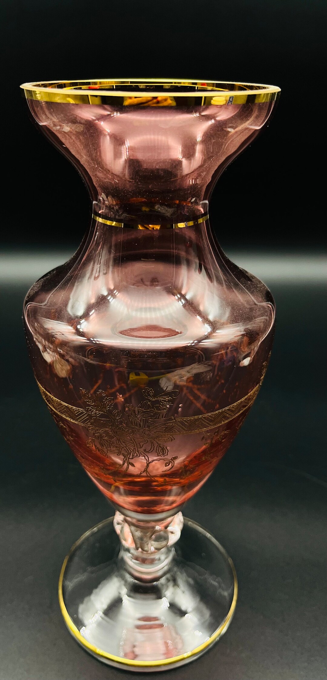 Vintage Cranberry Coloured Glass Footed Pedestal Vase With Hand ...