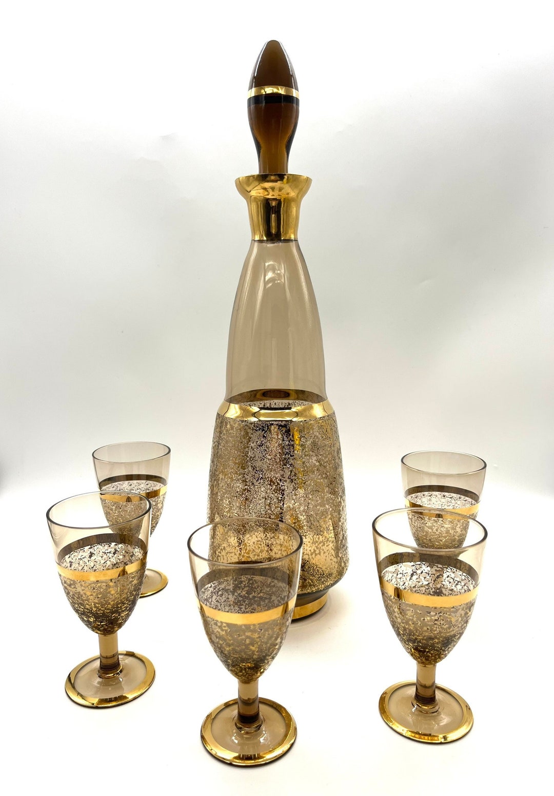 Gilded Gold Speckled Amber Decanter With Matching Set of 5 Liqueur ...