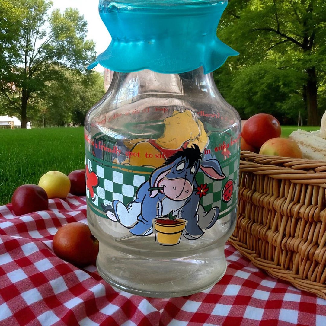Vtg Winnie the Pooh/eeyore Glass Storage Jar/jug Blue Lid Disney Anchor ...